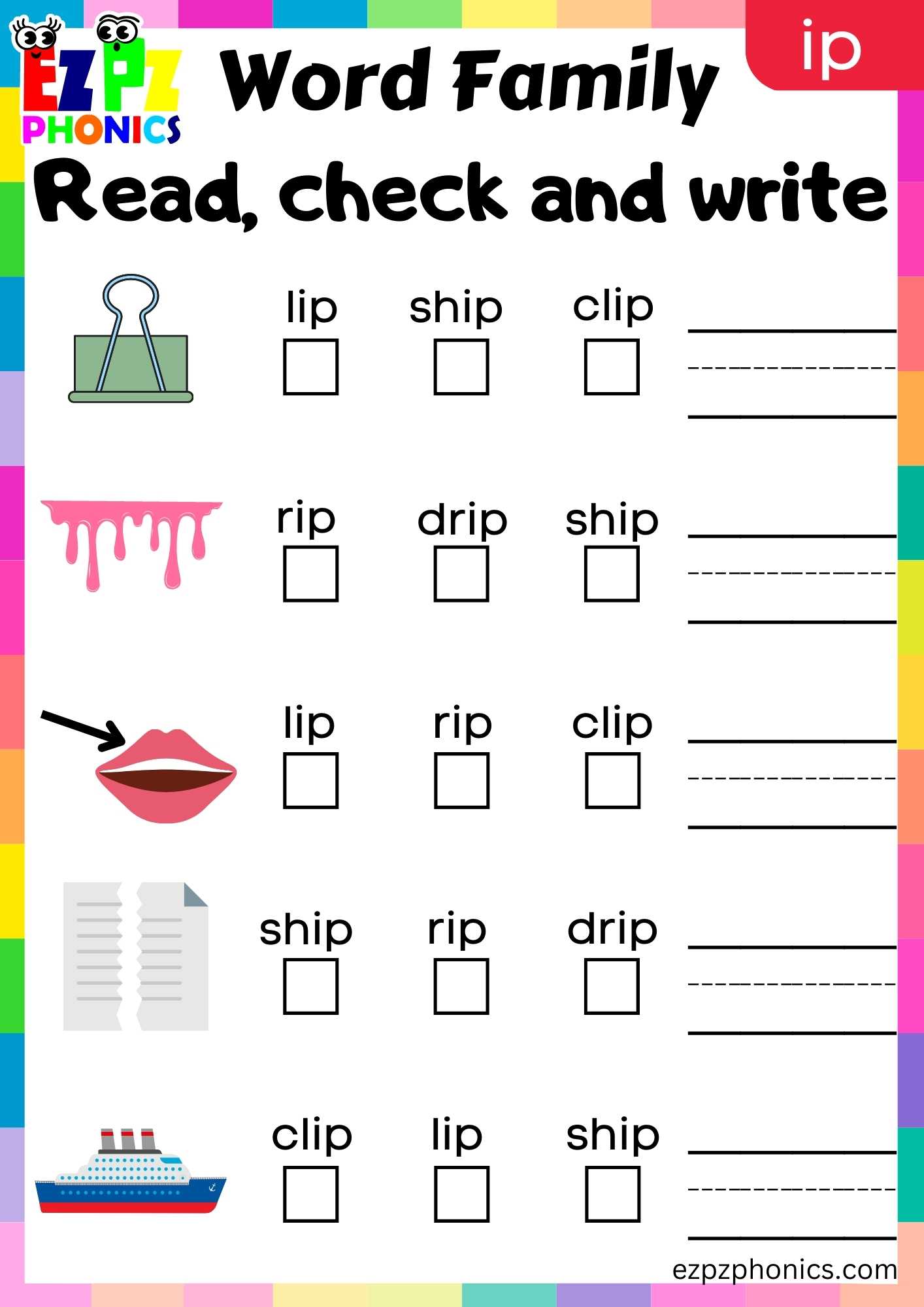 IP Words Read, Check And Write Phonics Word Families Worksheet - ezpzphonics.com